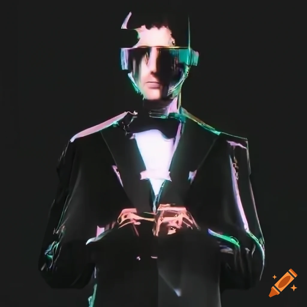 Futuristic transparent glass tuxedo on a skinny man on Craiyon