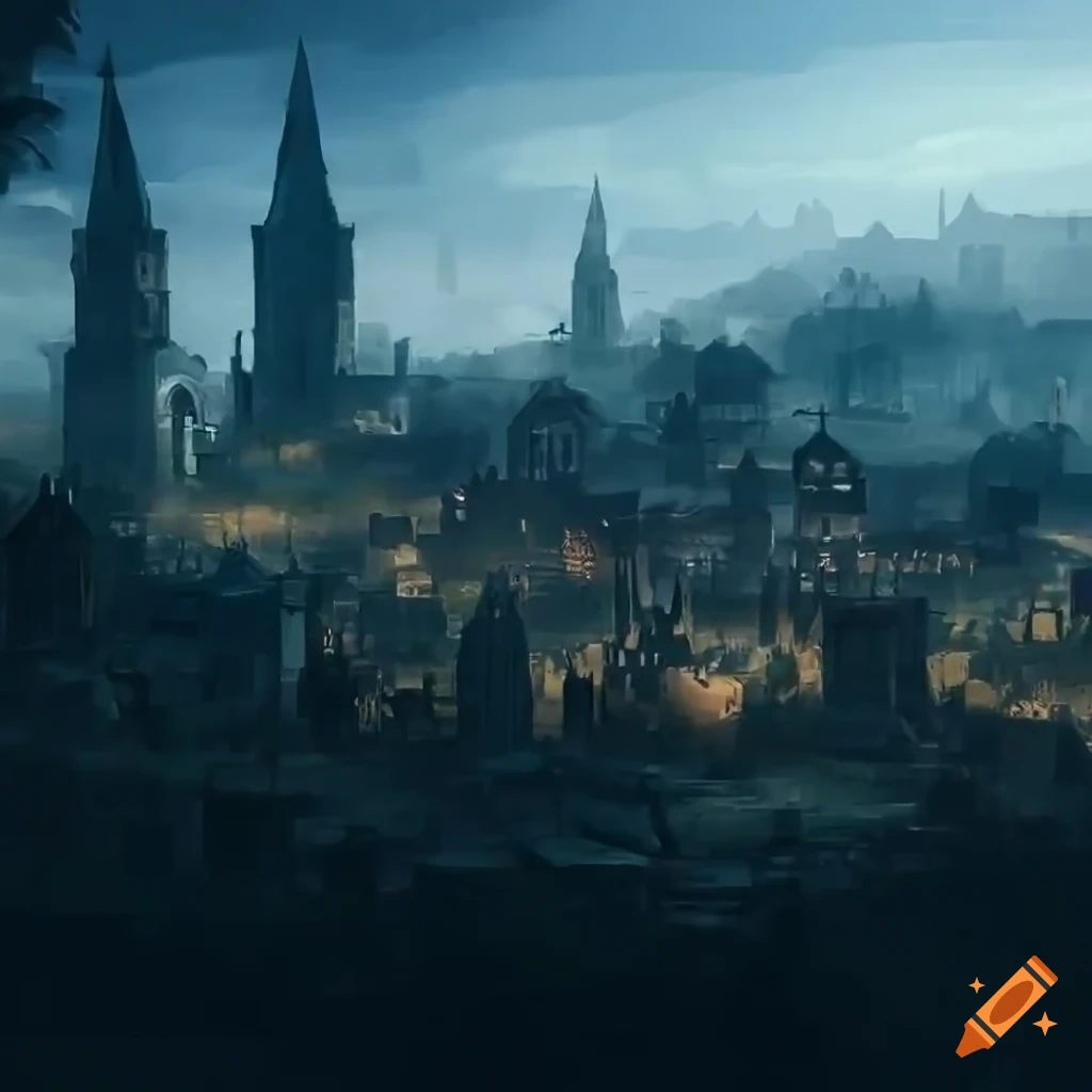 View of a medieval city at night from a hill on Craiyon