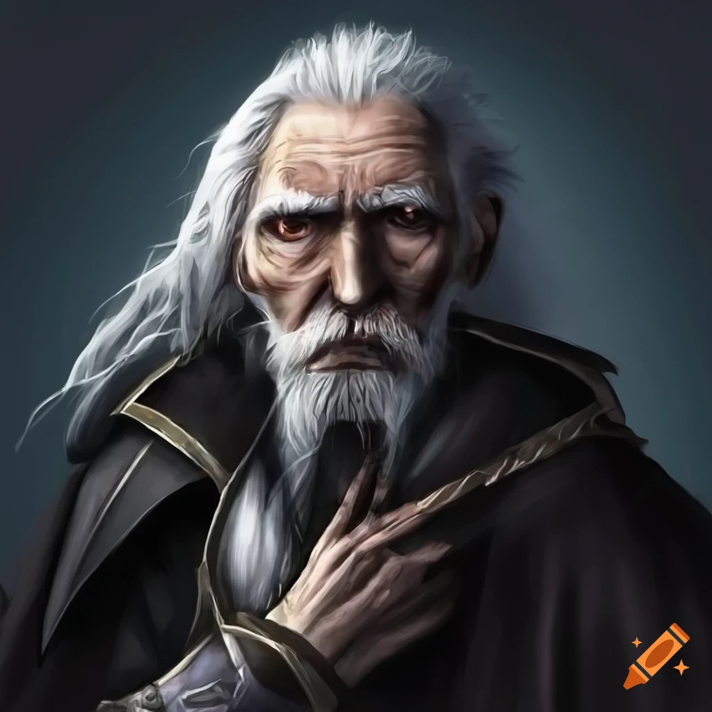Image of a strict old mage in a luxurious black coat on Craiyon