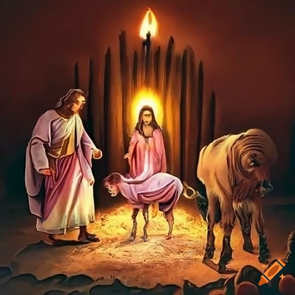 Illustration of the nativity scene with donkeys