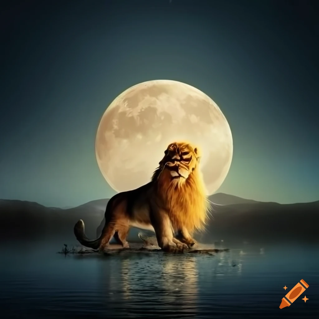 Lion overlooking a moonlit lake on Craiyon