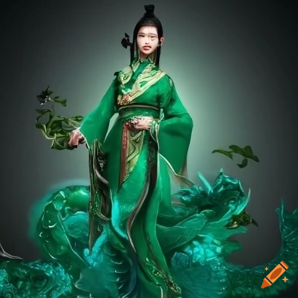 Chinese female character in jade green costume with a dragon on Craiyon