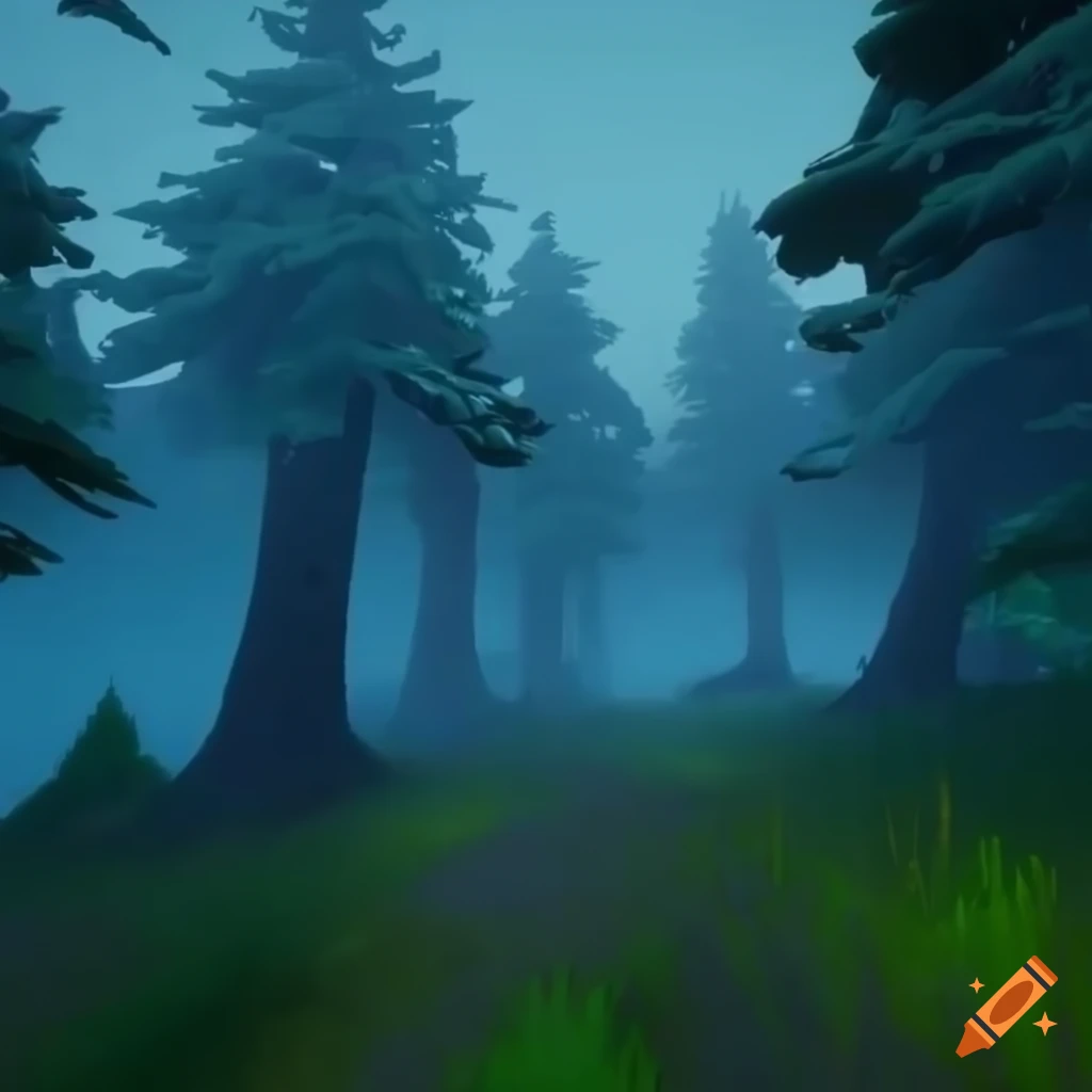 Vintage video game foggy forest with cobblestone path under pink sky on ...