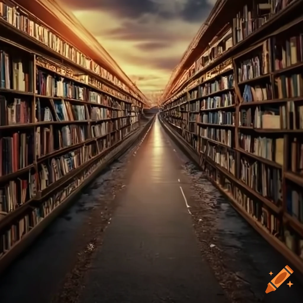 Concept art of a highway paved with books leading to a library on Craiyon