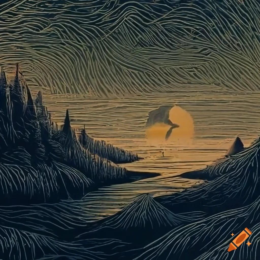 Linocut illustration of a surreal landscape at sunrise on Craiyon