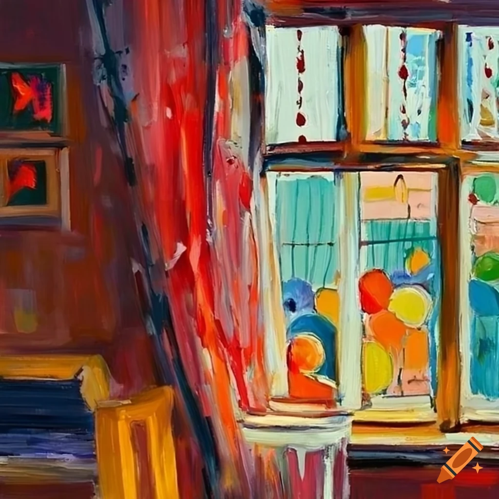 Oil painting of a view through an open window on Craiyon