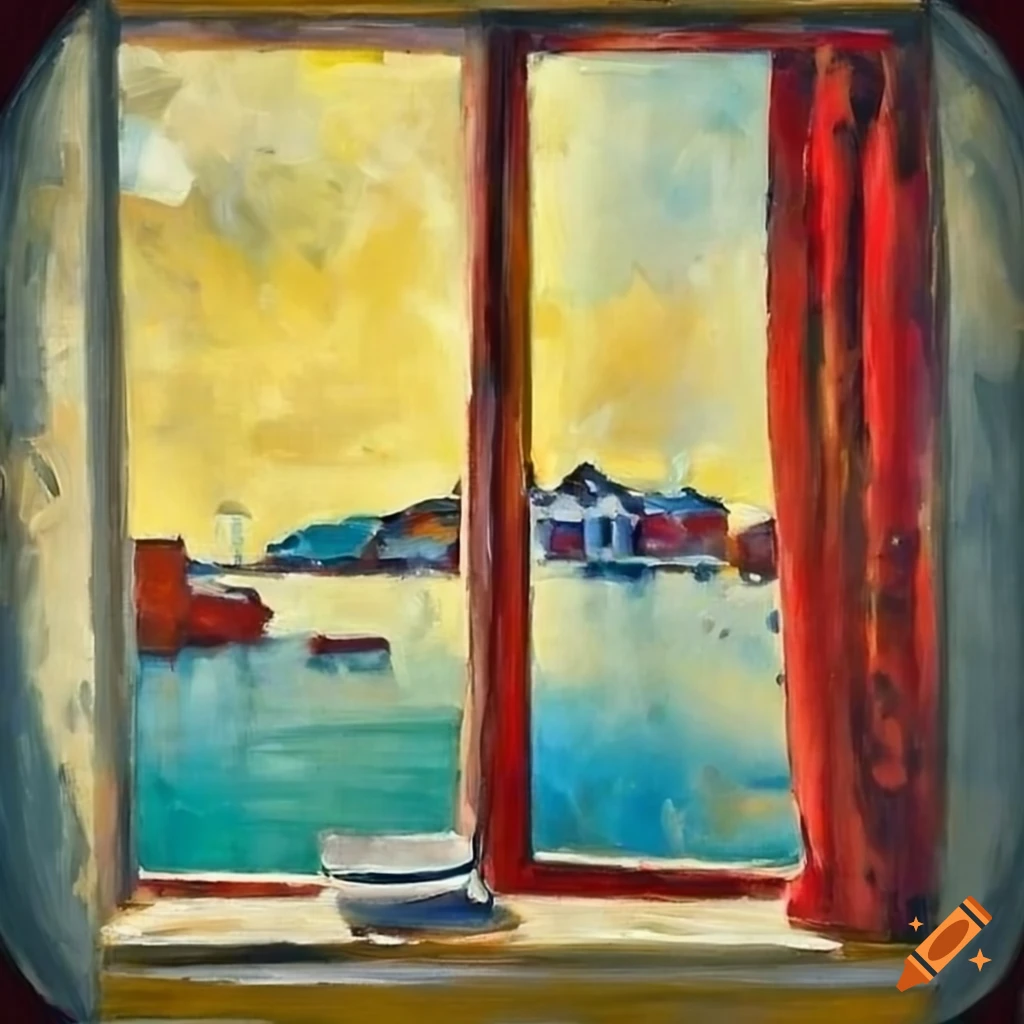 Oil painting of a view from a window with red roses and flapping ...