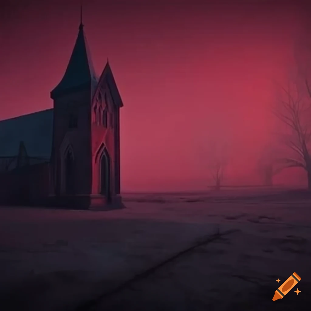 Image of a haunting church with glowing red windows