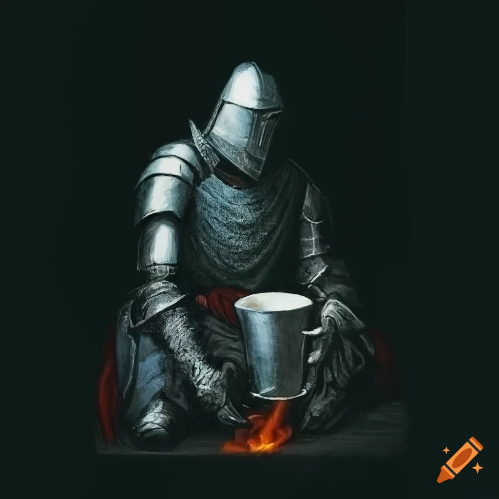 Dark fantasy book cover with a knight by a fire on Craiyon
