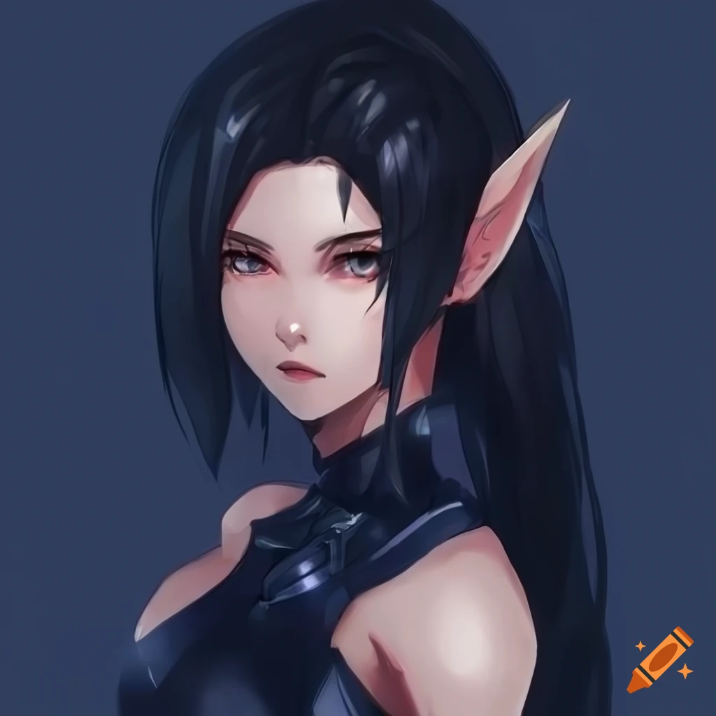 Portrait Of A Confident Female Elf With Black Hair And Spiked Armor On
