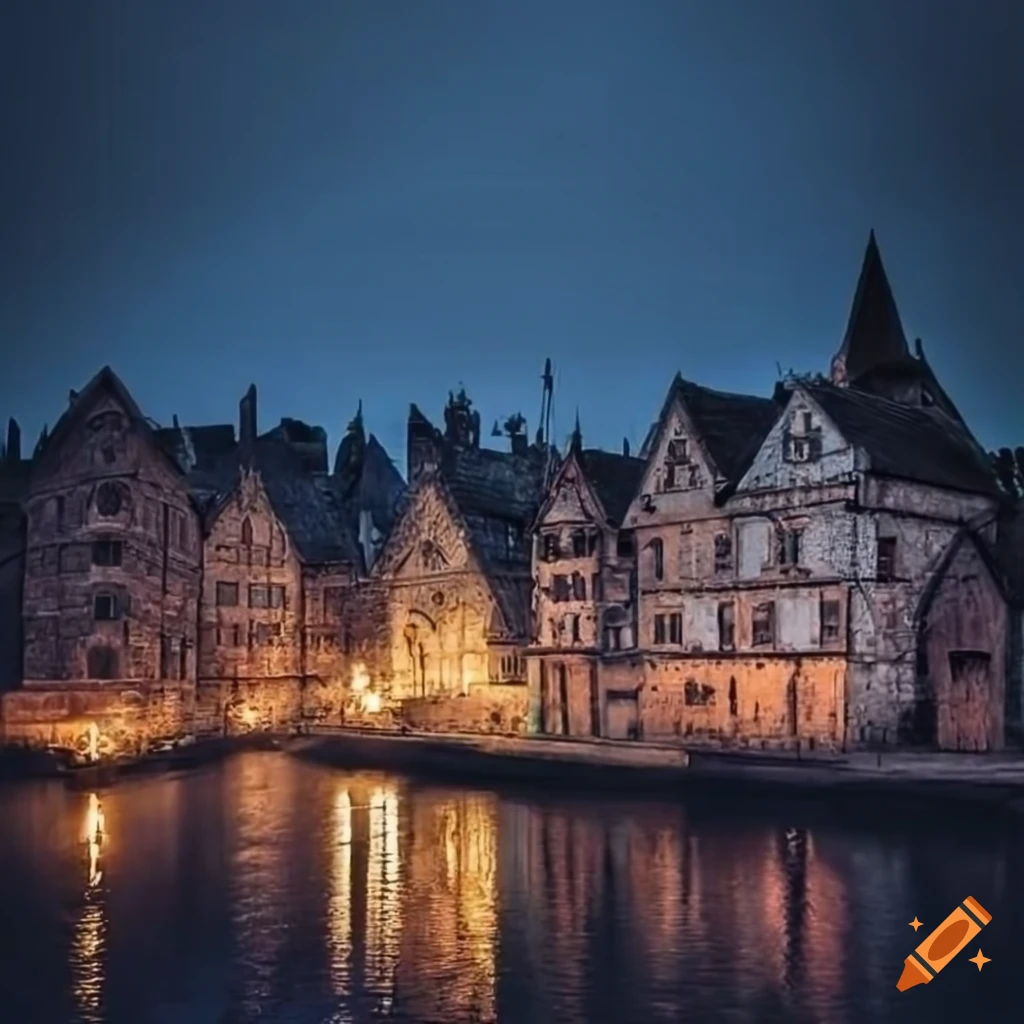 Medieval stone houses and ponds on a street at sunset on Craiyon
