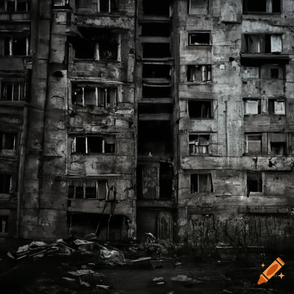 Soviet slum building being renovated among other buildings on Craiyon