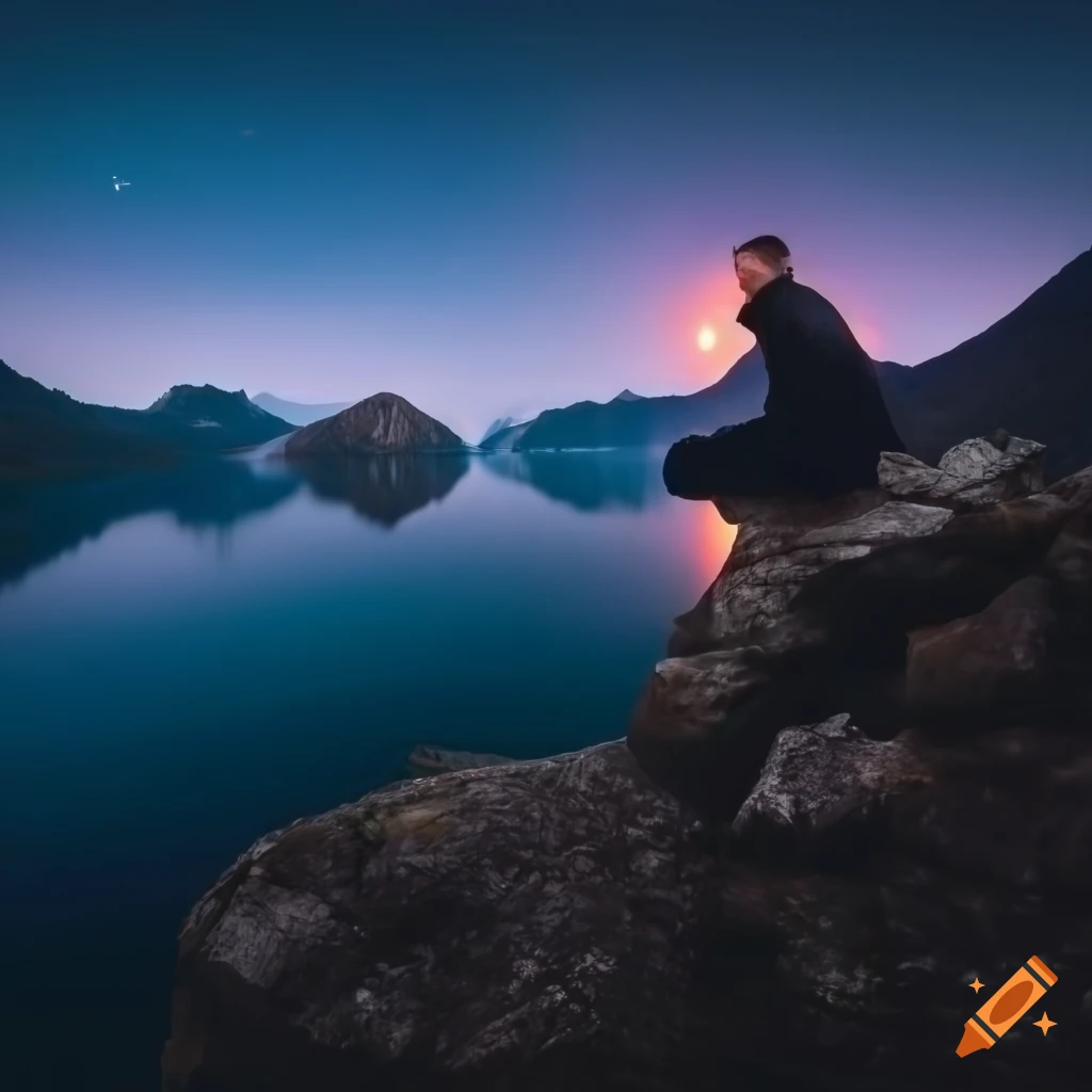 Night view of mountains and lake in norway