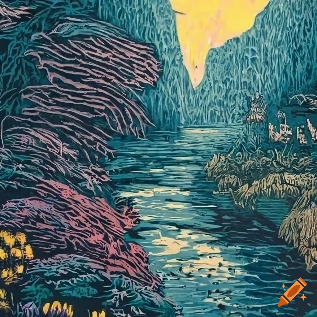 Miro river with trees in a linocut style on Craiyon