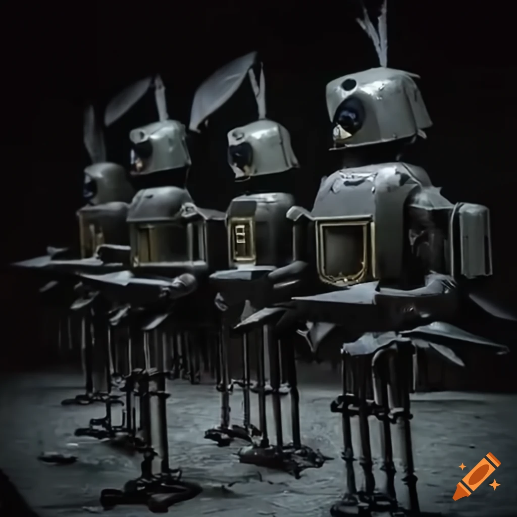 Dark artwork of marching robot birds on Craiyon