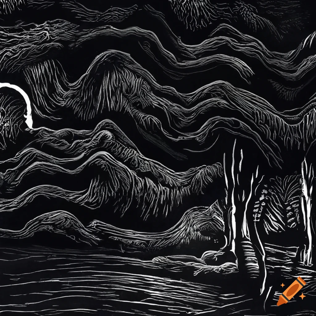 Linocut illustration of storm clouds over surreal landscape at sunrise ...