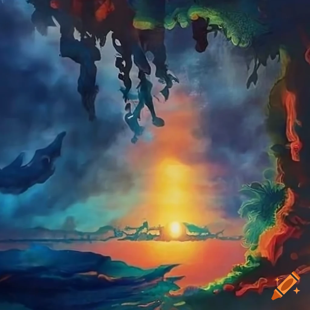 Stone lithograph of stormy sky with islamic calligraphy, native salish ...