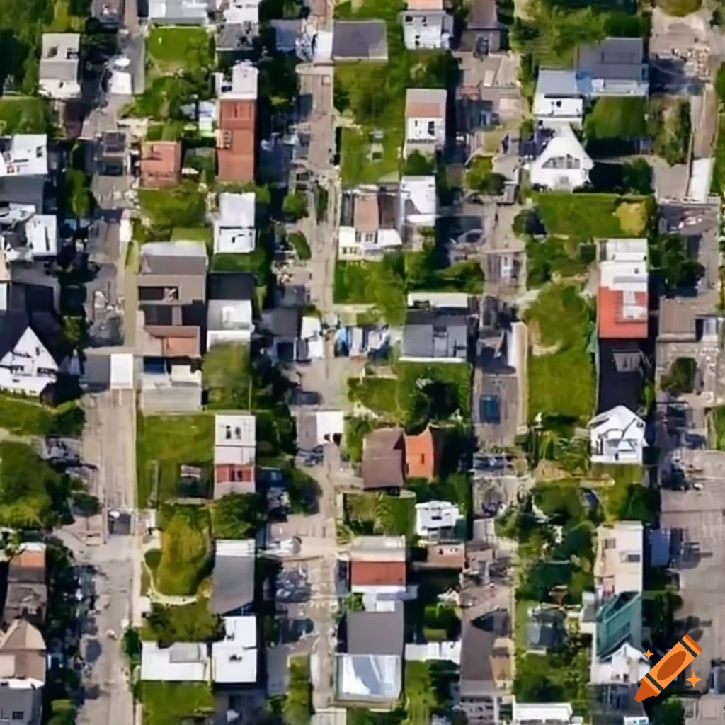 Bird's eye view of a neighborhood with houses and buildings on Craiyon