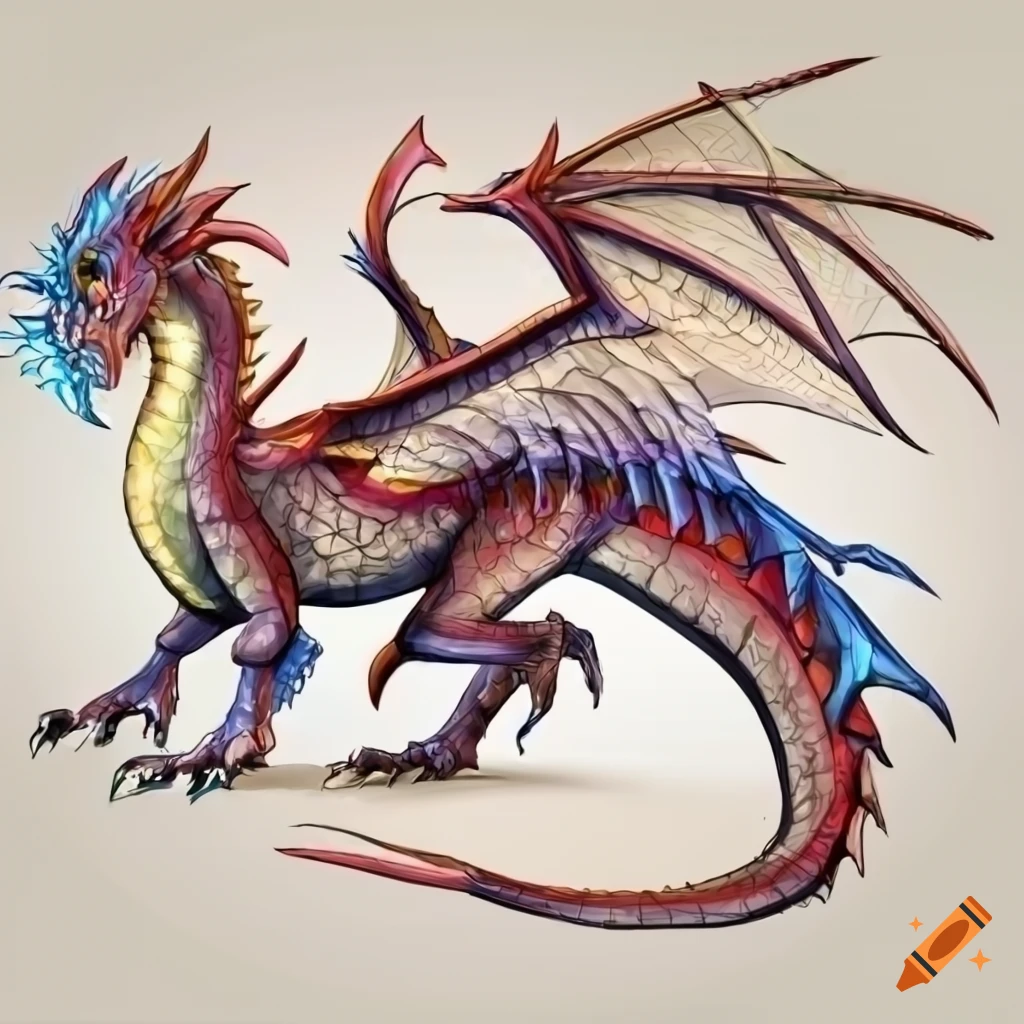 Detailed side view illustration of a dragon with wings on Craiyon