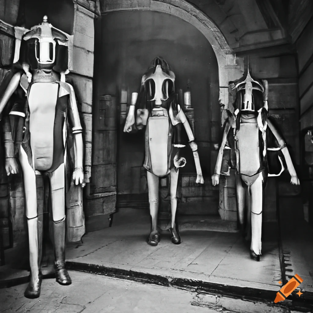 Cybermen descending a staircase in tomb of the cybermen on Craiyon