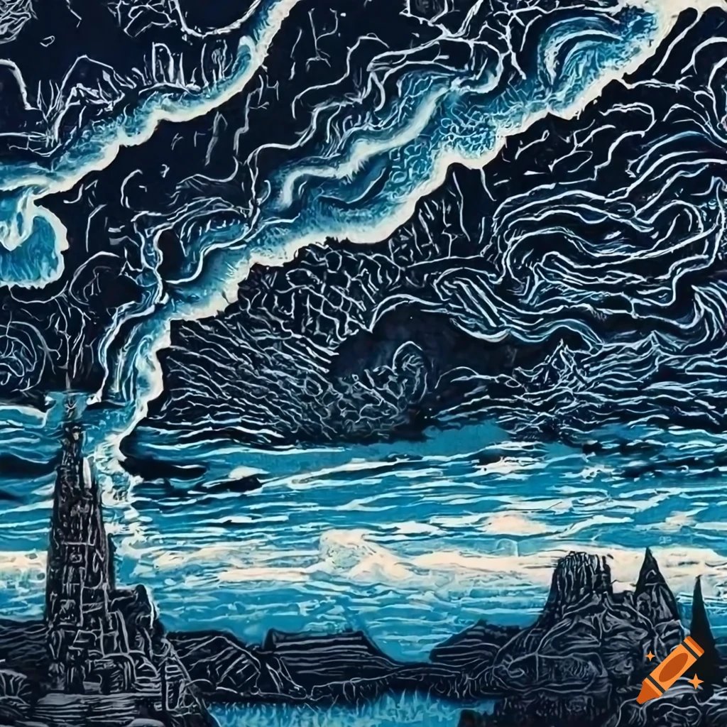 Detailed linocut illustration of storm clouds over surreal landscape on ...