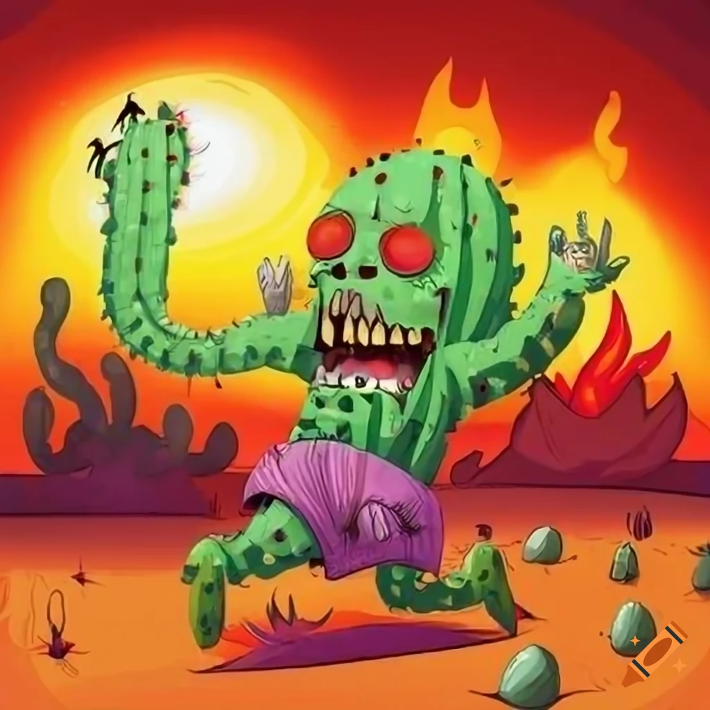 Cartoon cactus running through desert with flames on Craiyon