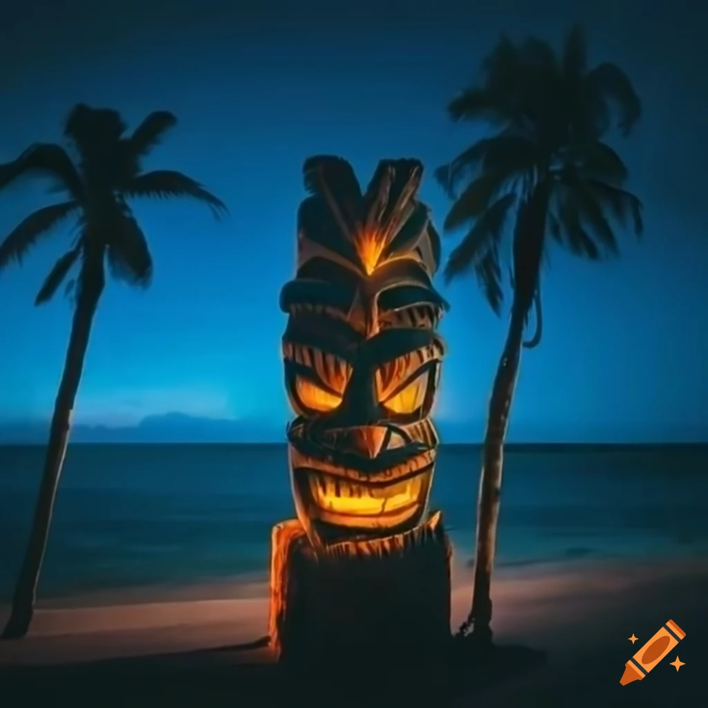 Glowing tiki head on a beach at night