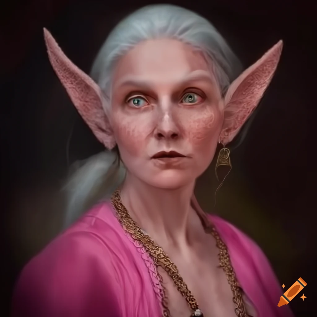 Photo Of An Old Female Elf With Jewelry In A Pink Robe On Craiyon