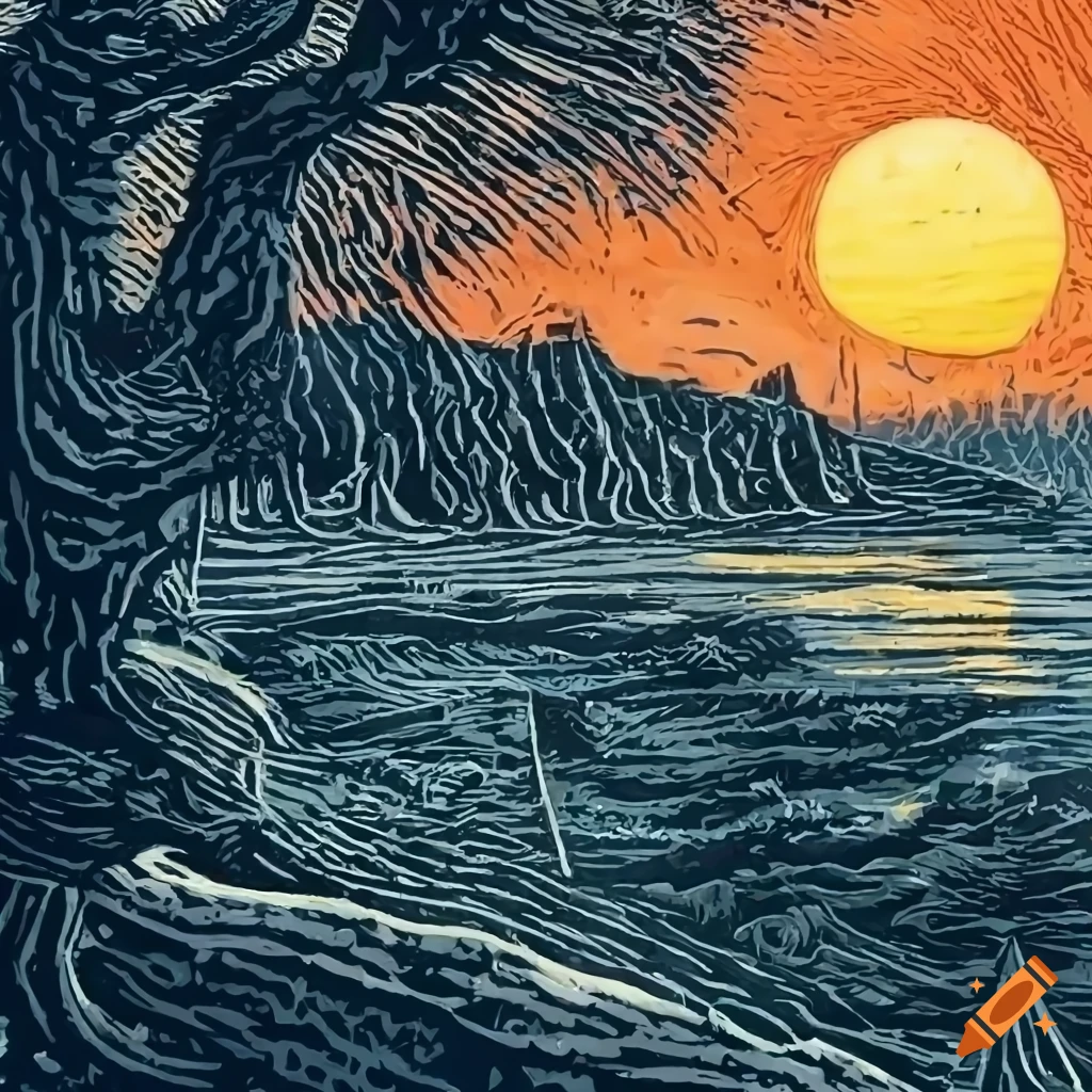 Linocut art of stormy sunset with lone boat on shore on Craiyon