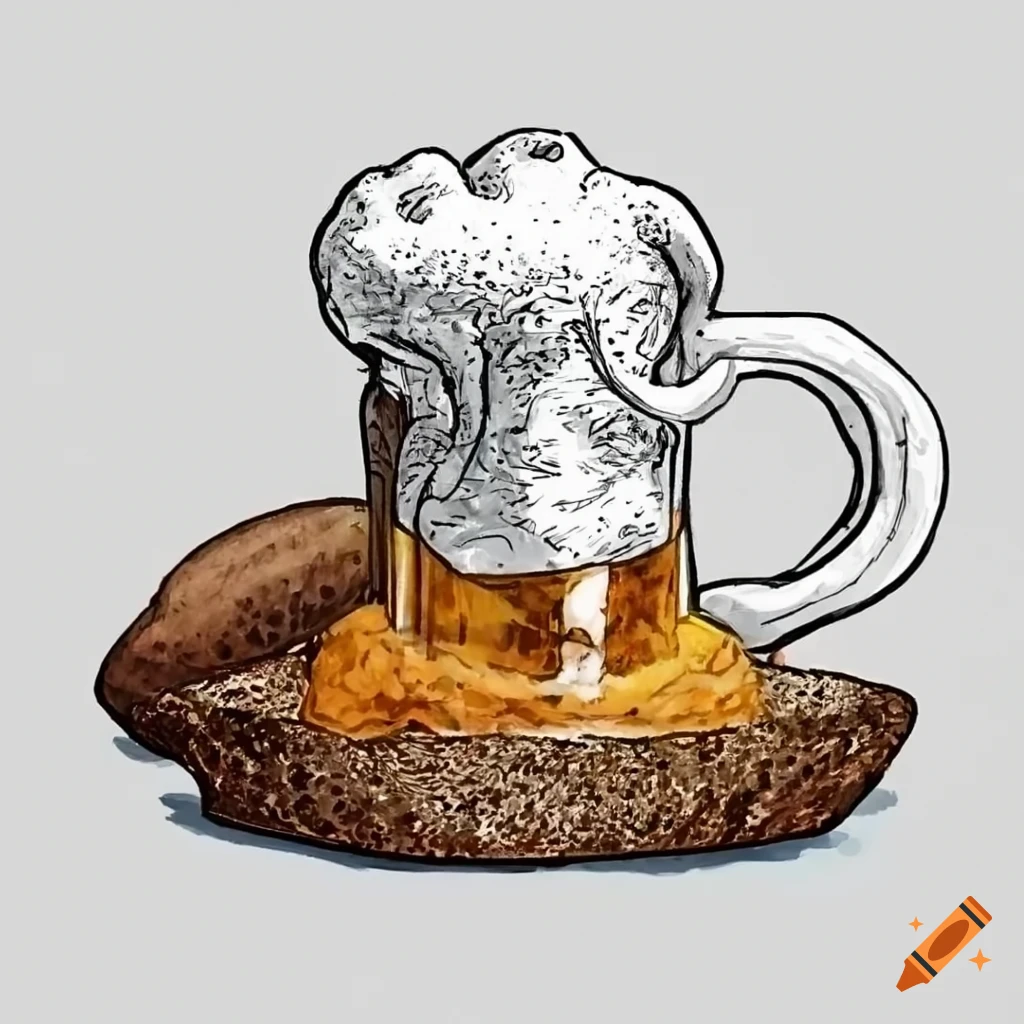 Sketch of a beer tankard and bread bowl with soup on Craiyon