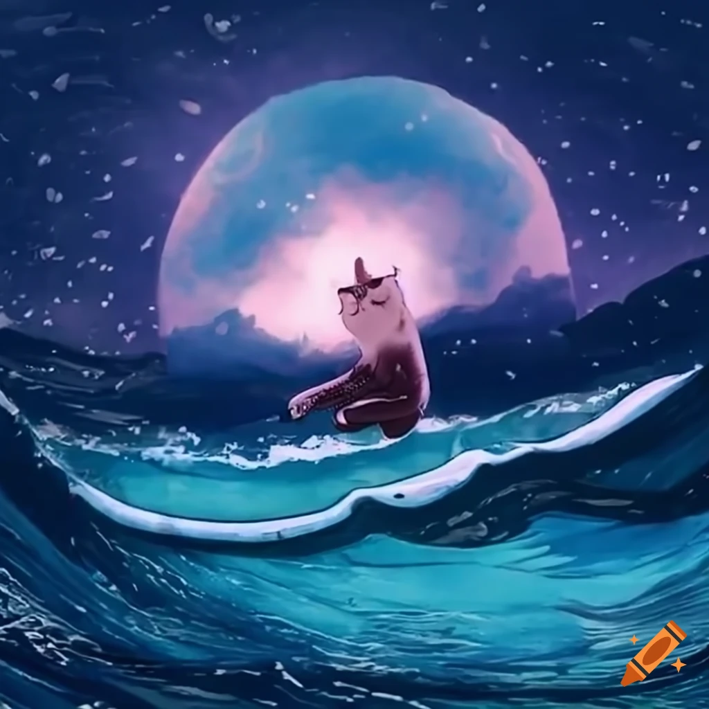 Cat surfing on a wave at night