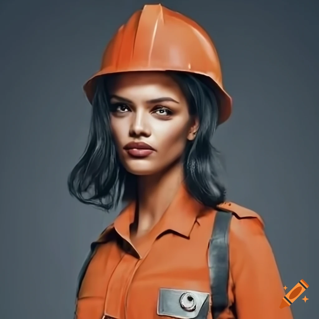 Portrait of a young black woman with long wavy hair in orange engineer ...