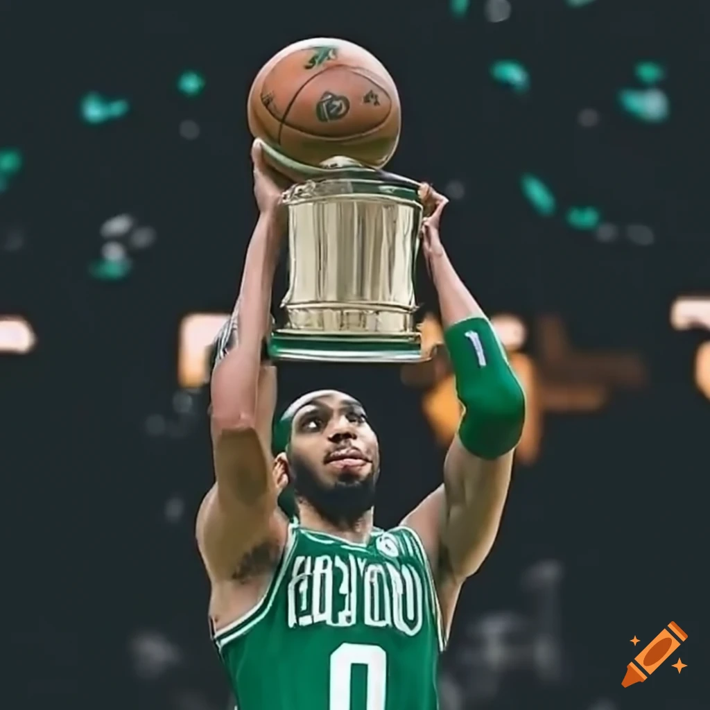 Jayson Tatum holding a basketball trophy on Craiyon