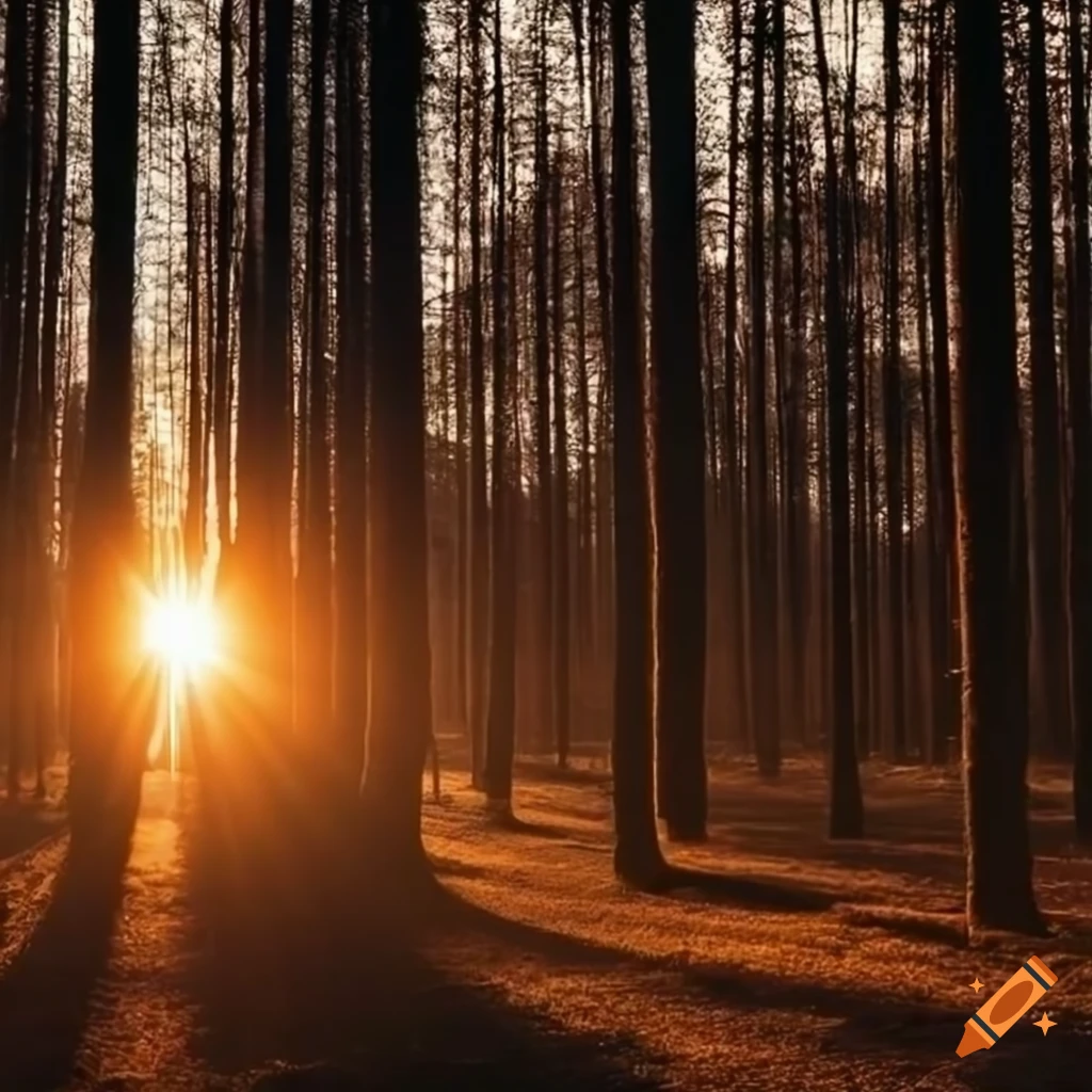 Sunset over a forest with the sun on the horizon on Craiyon