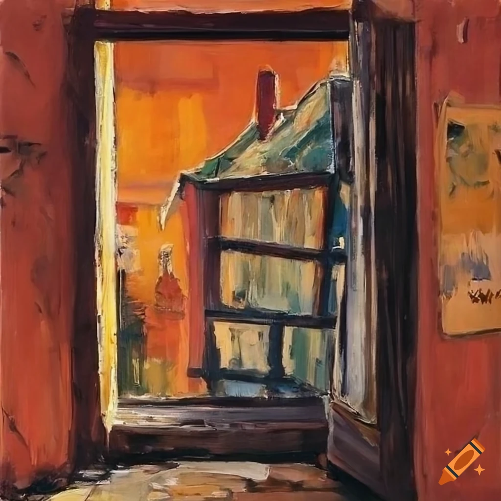 Oil painting of a small village seen through a window