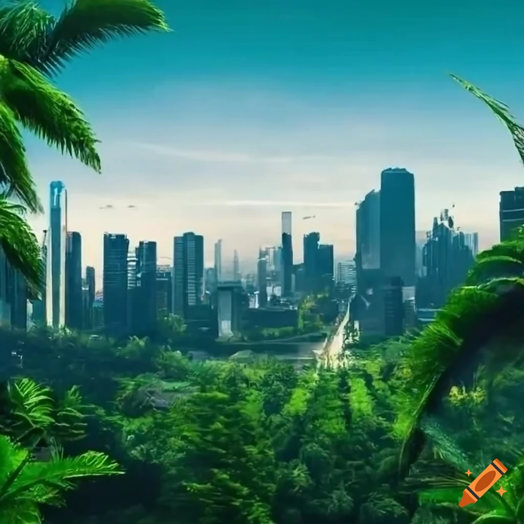 Vibrant city view surrounded by green nature on Craiyon