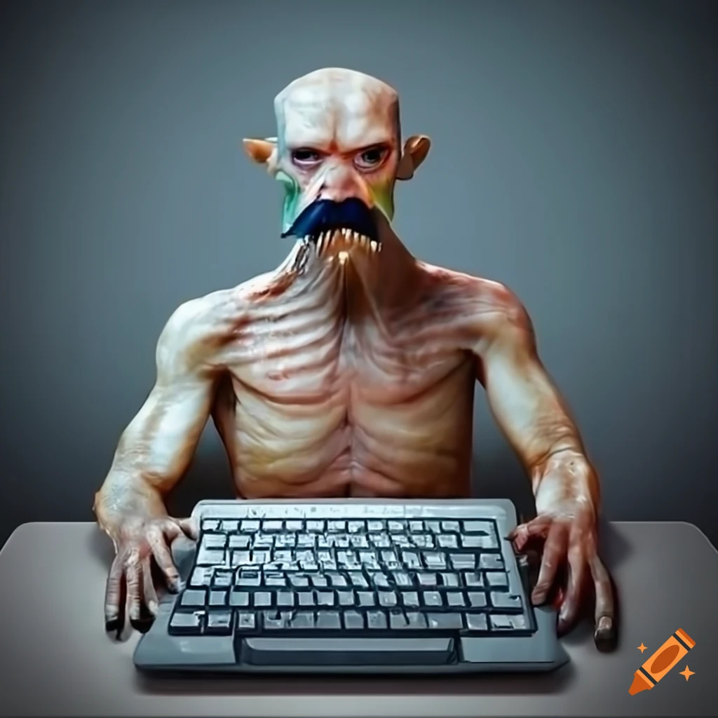 Digital art of a lizard humanoid typing at a computer on Craiyon