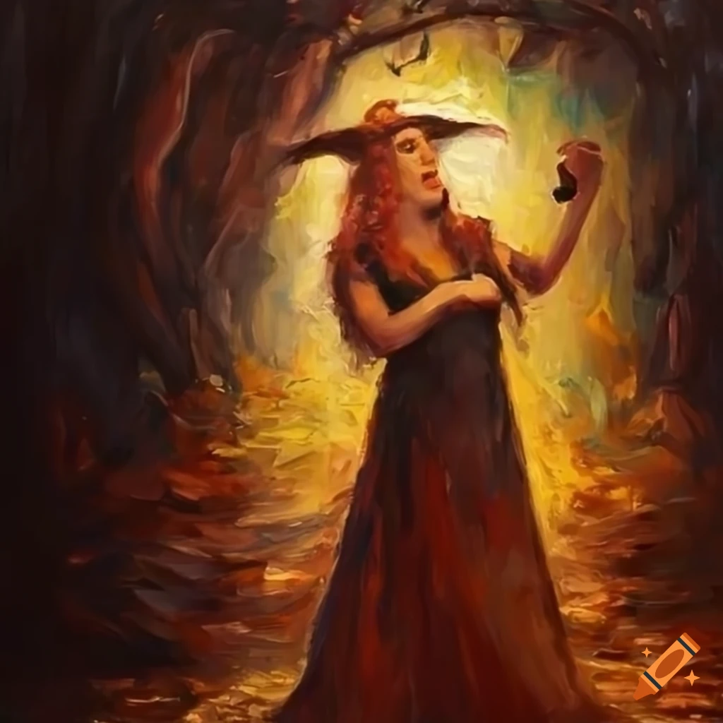 Impressionist painting of a singing witch at golden hour on Craiyon