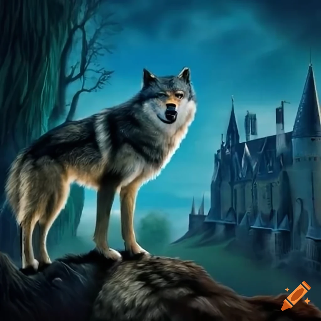 Majestic wolf in front of Hogwarts School on Craiyon