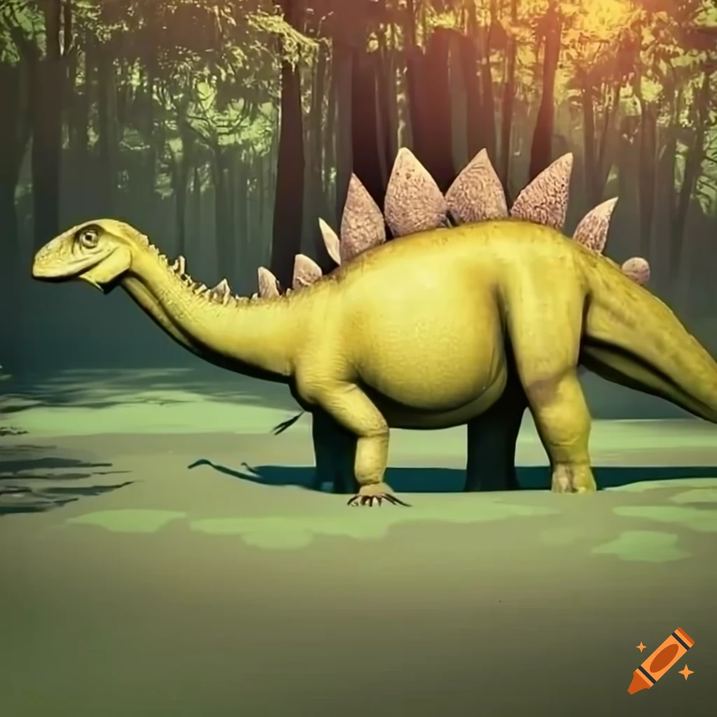 Image of a yellow stegosaurus in a swamp forest