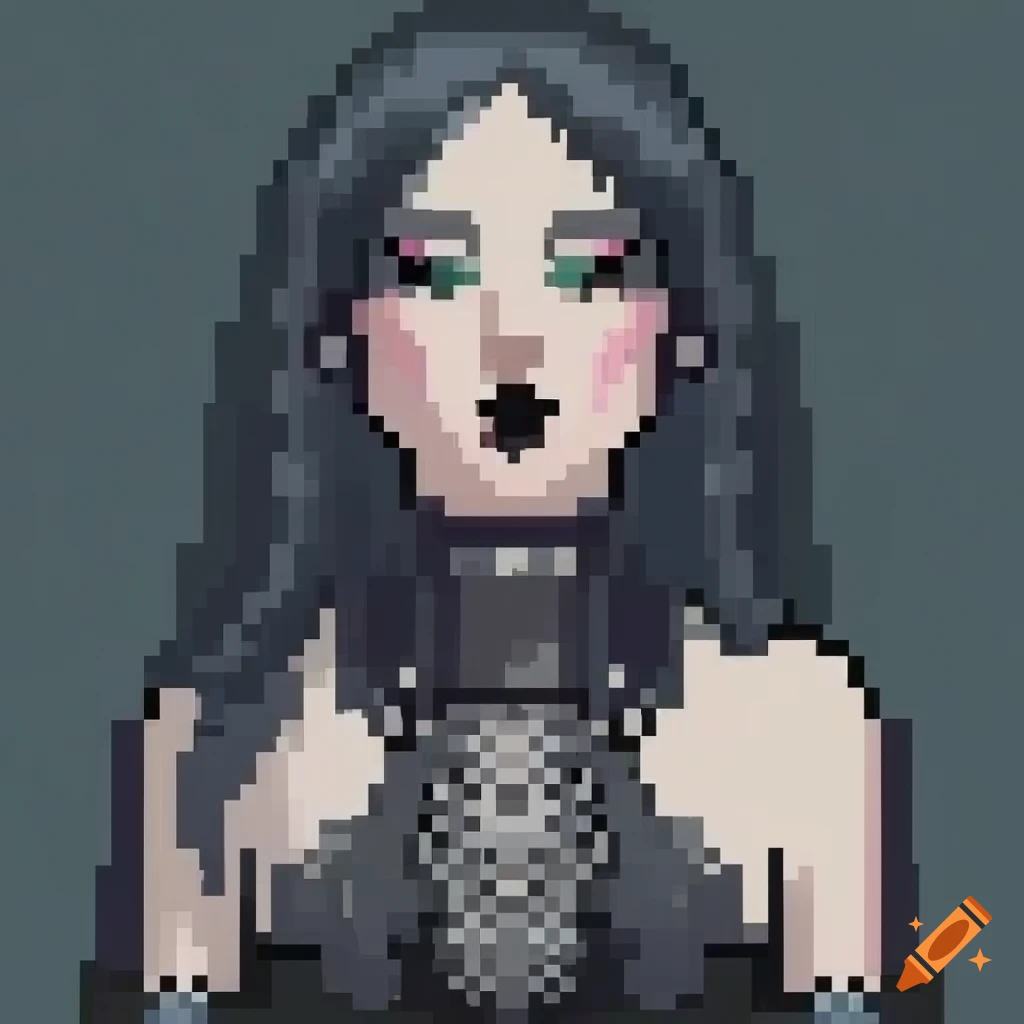 Gothic pixel art character with pale skin and long black hair on Craiyon