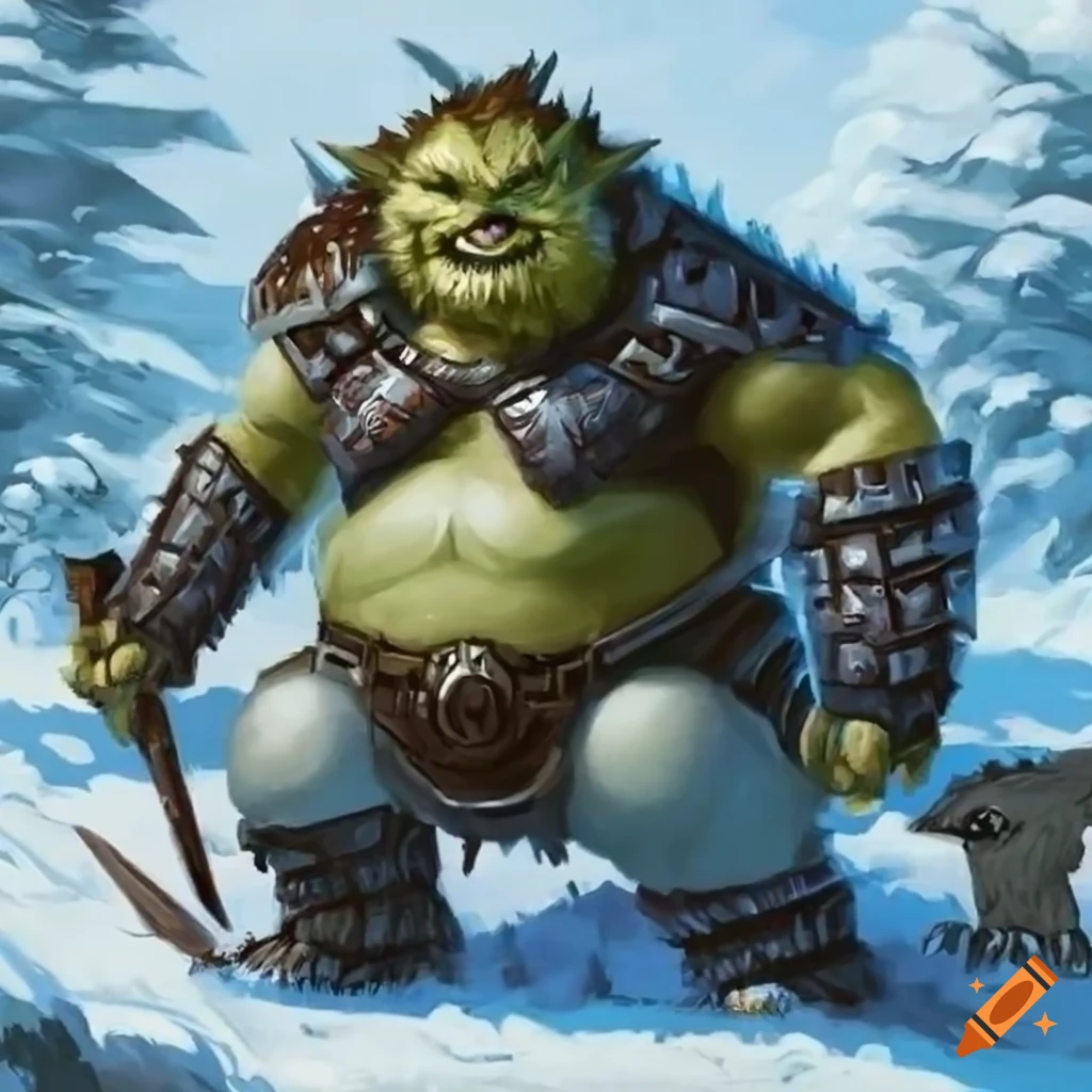 Illustration of a furry bugbear viking in snowy taiga on Craiyon
