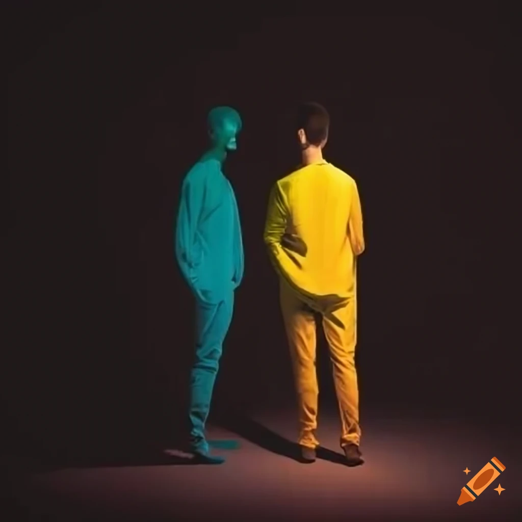 Artistic depiction of two men standing with fading colors