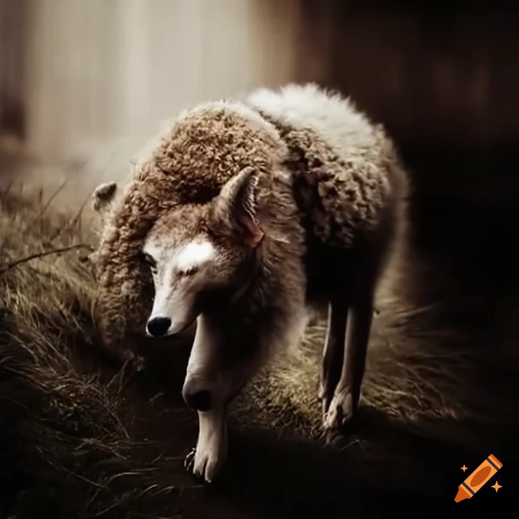 Wolf hiding among sheep on Craiyon