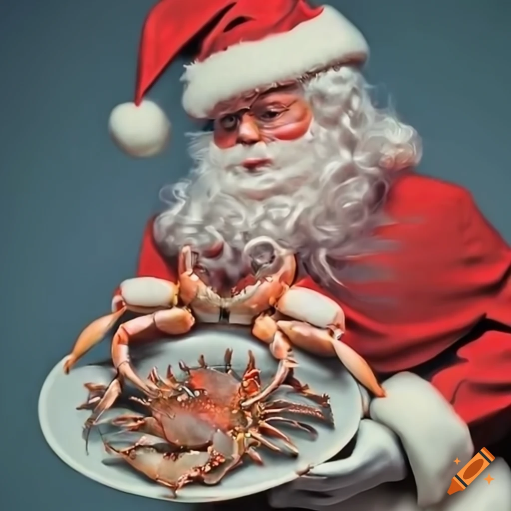 Hyperrealistic art of Santa with a platter of crabs on Craiyon
