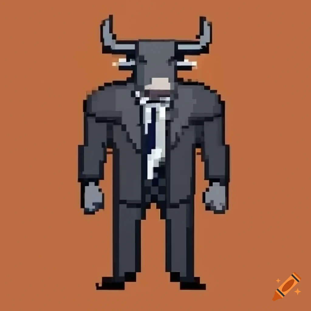 Pixel art illustration of a bull in a suit on Craiyon