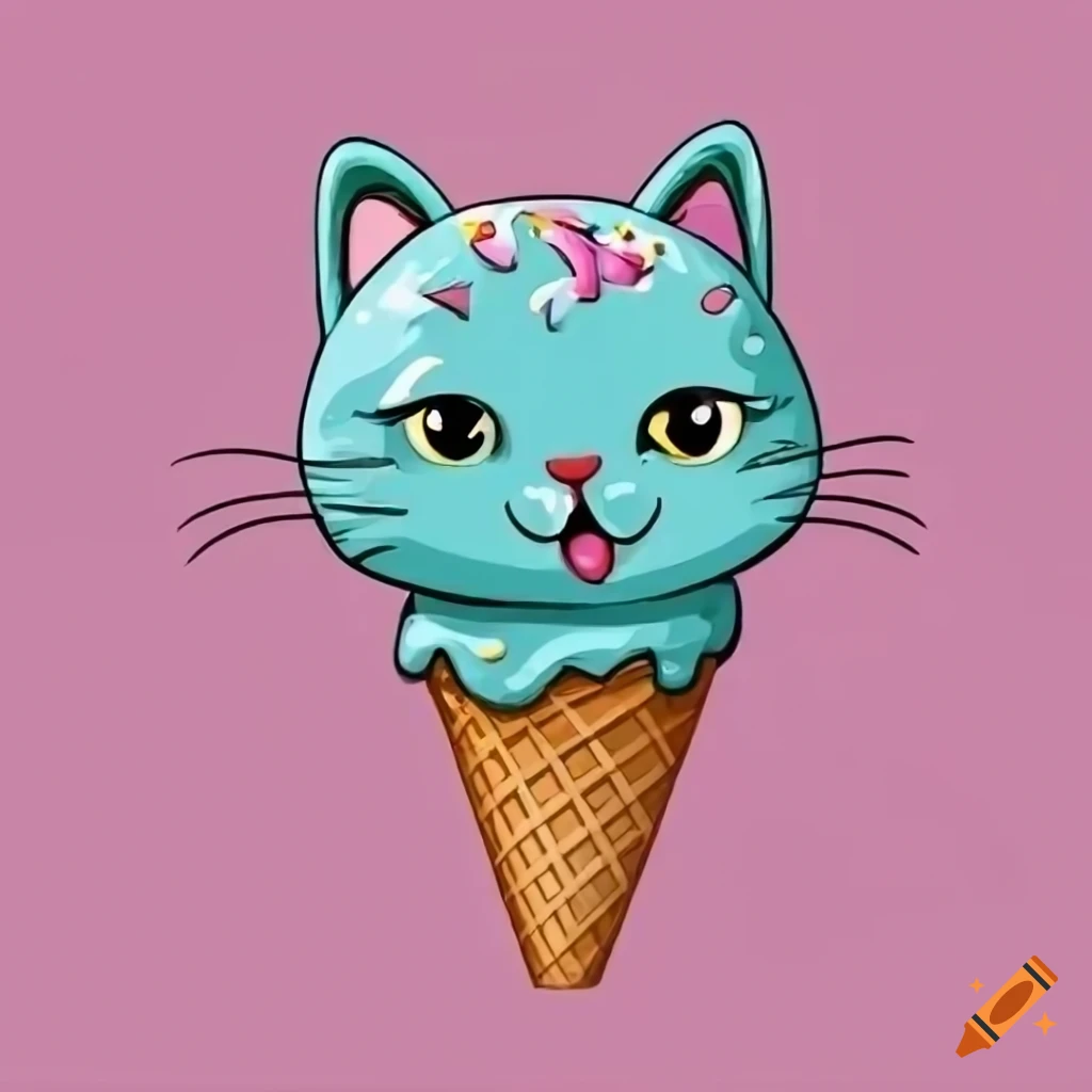 Cartoon cat with ice cream on its head on Craiyon