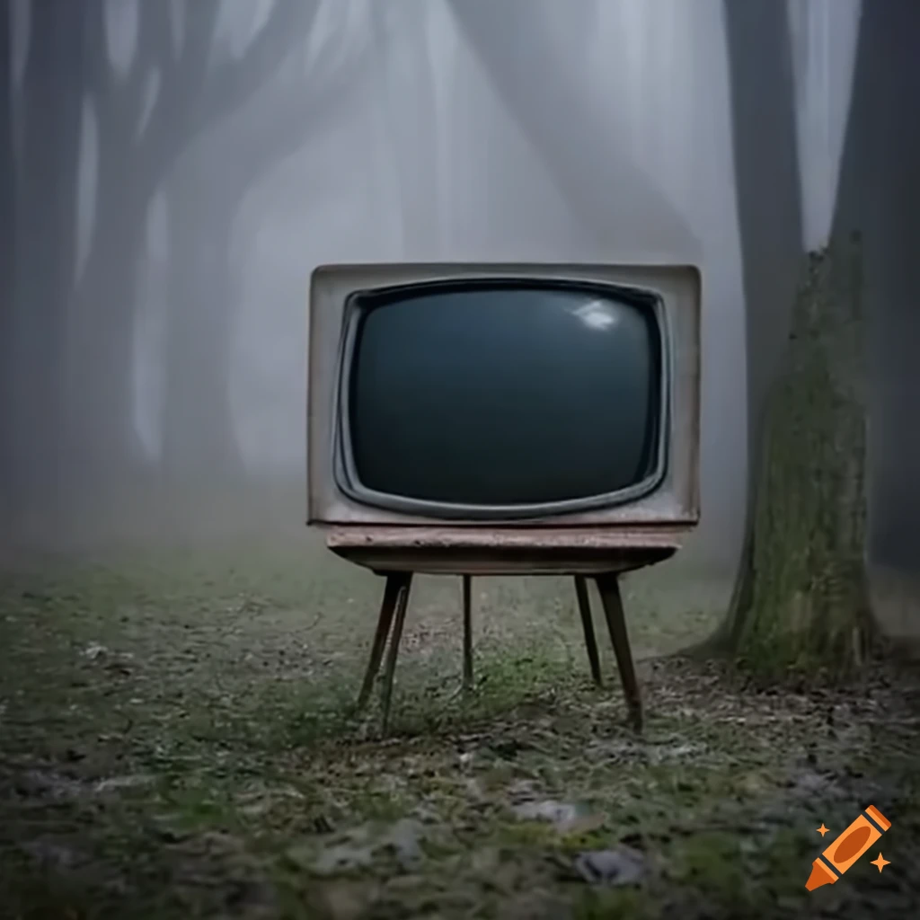 Creepy yard with old TV on foggy day on Craiyon