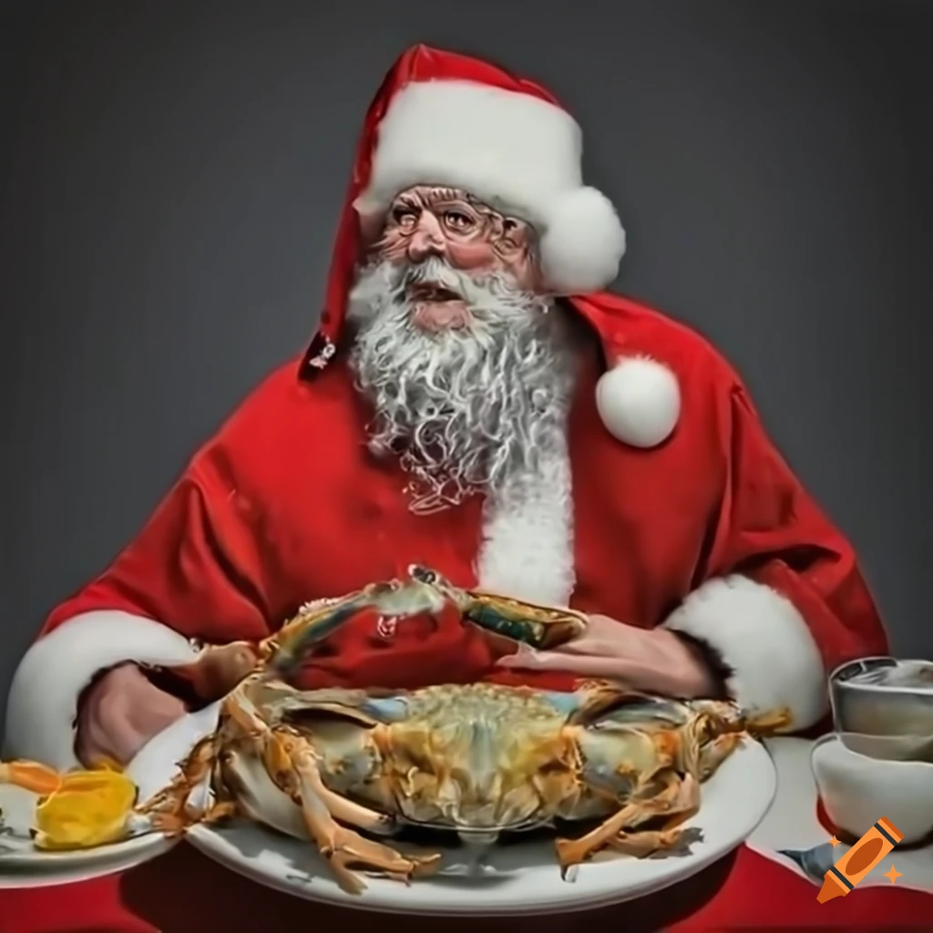 Hyperrealistic portrait of Santa eating Maryland crabs on Craiyon