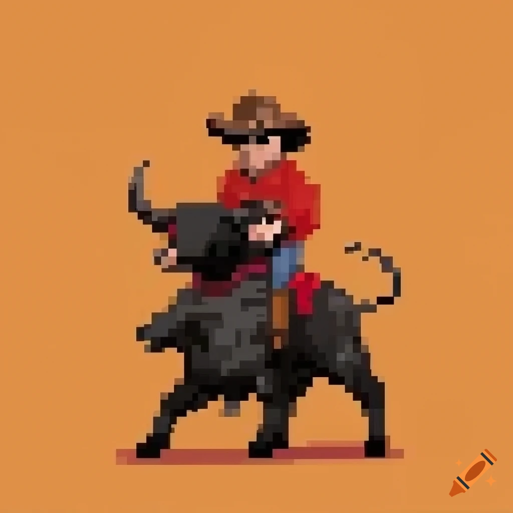 Pixel art of a cowboy riding a bull on Craiyon